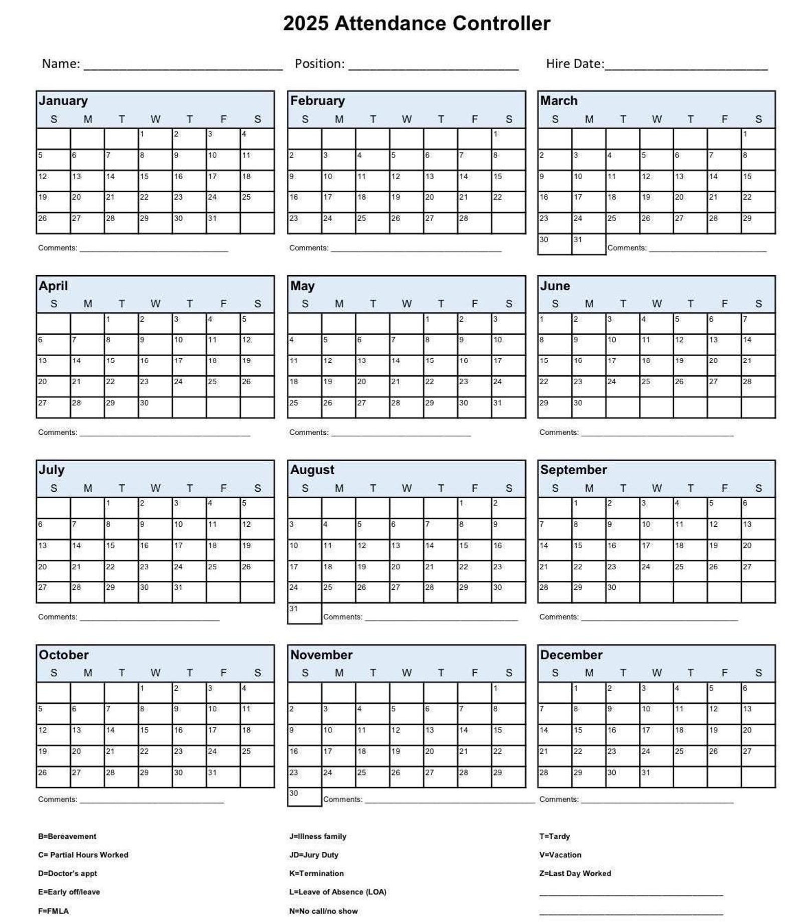 2025 Employee School Attendance Tracker Calendar, Employee Vacation ...