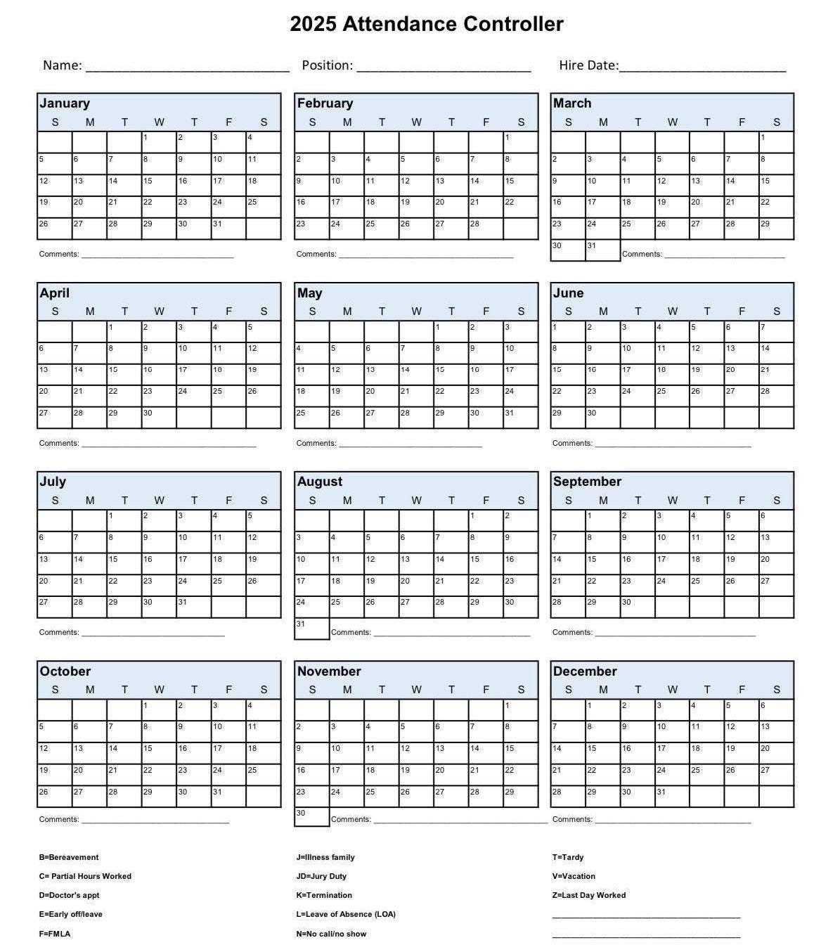 2025 Employee School Attendance Tracker Calendar, Employee Vacation ...