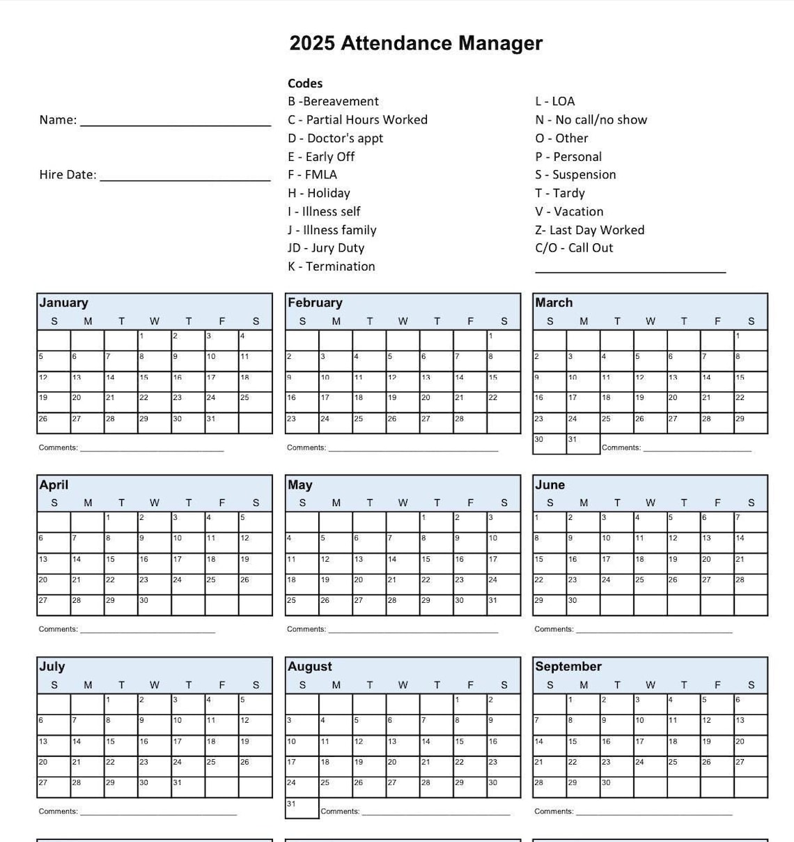 2025 Printable Calendar for Employee Attendance, School PTO Schedule ...