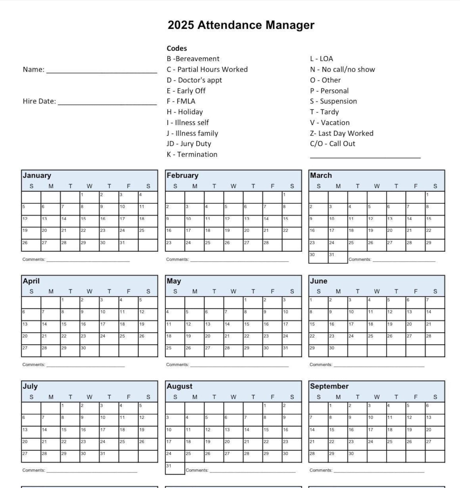 2025 Printable Calendar for Employee Attendance, School PTO Schedule ...