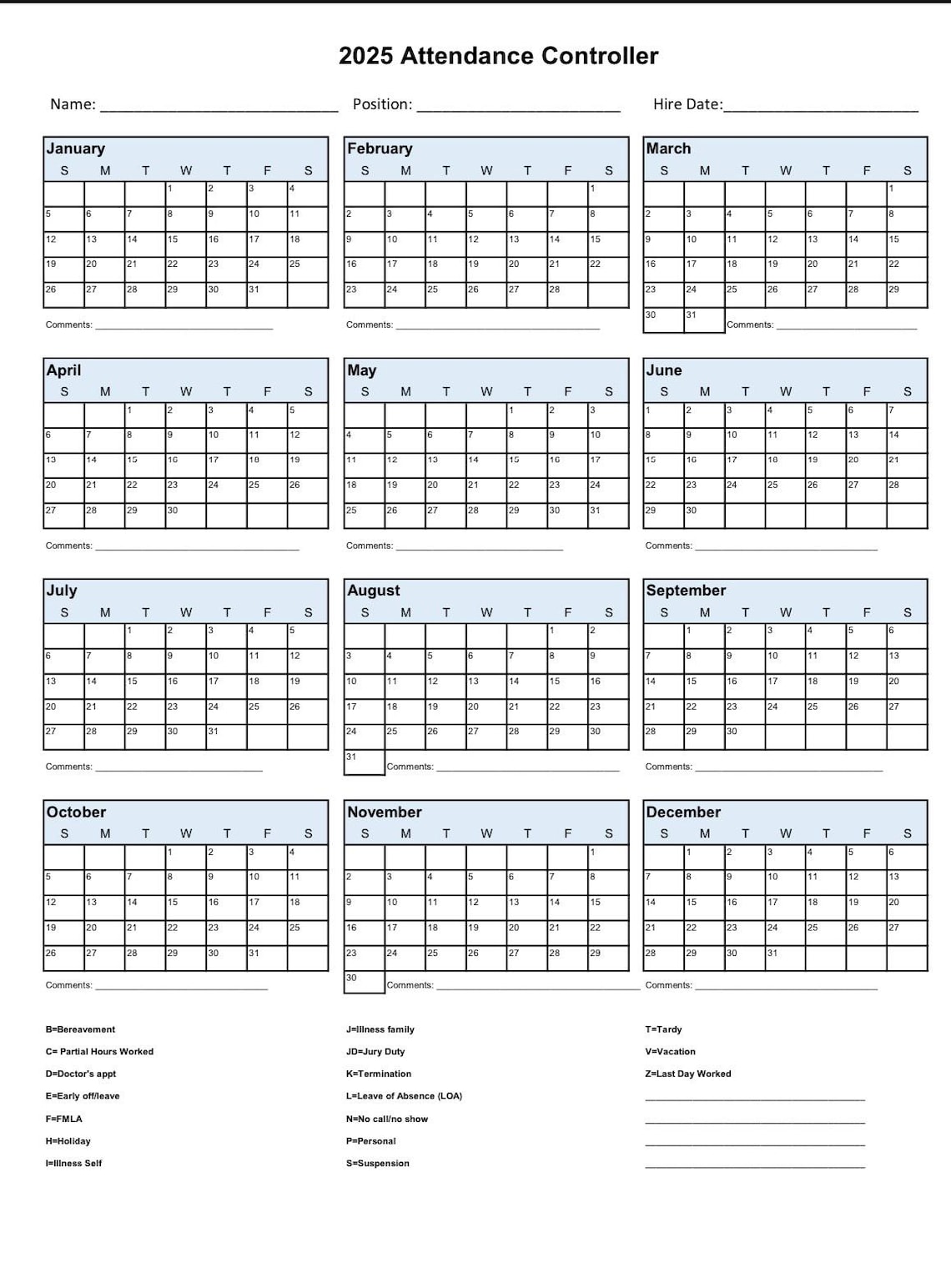 2025 Employee School Attendance Tracker Calendar, Employee Vacation ...