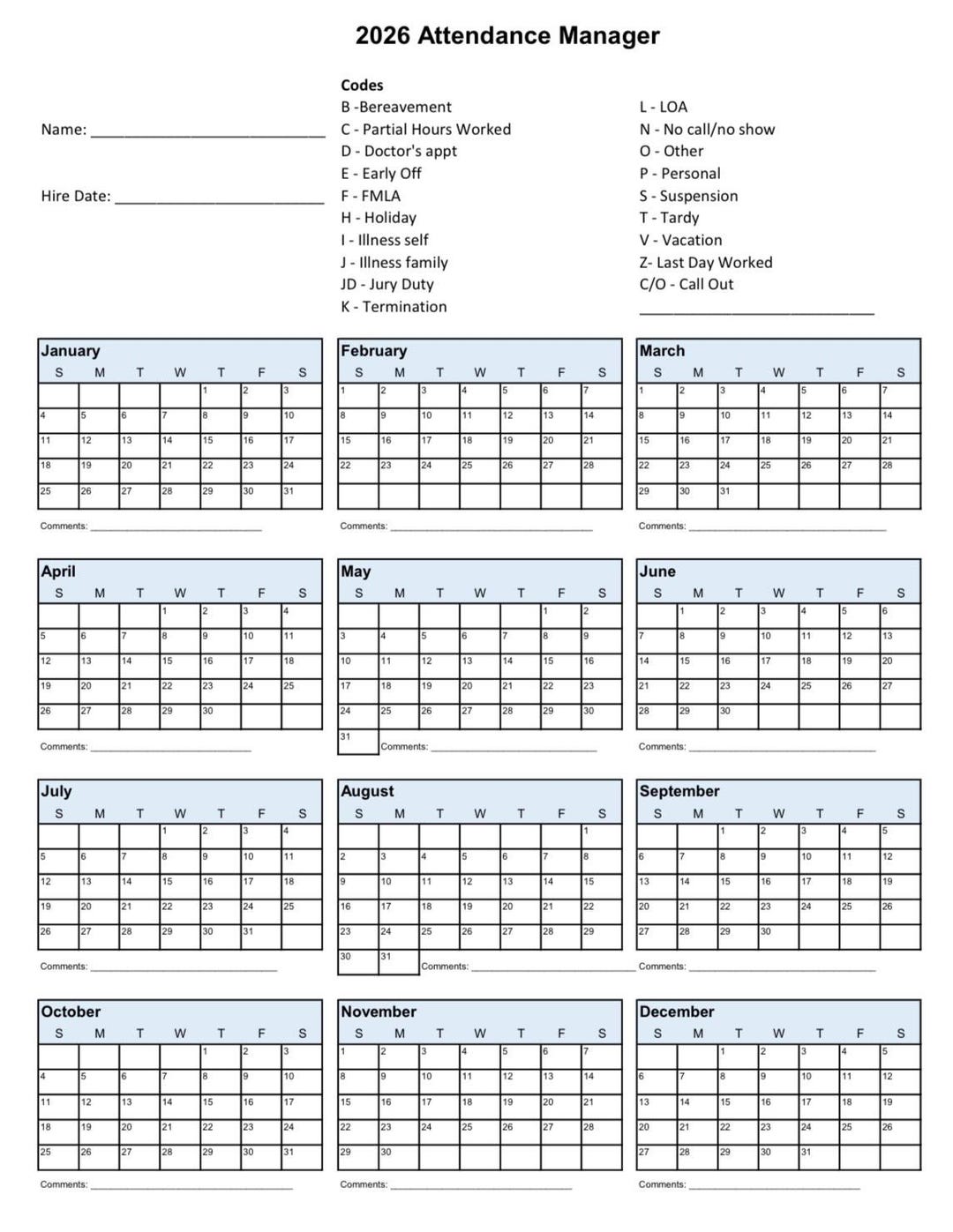 2026 Printable Employee Attendance Tracker | HR Vacation Record (PDF ...