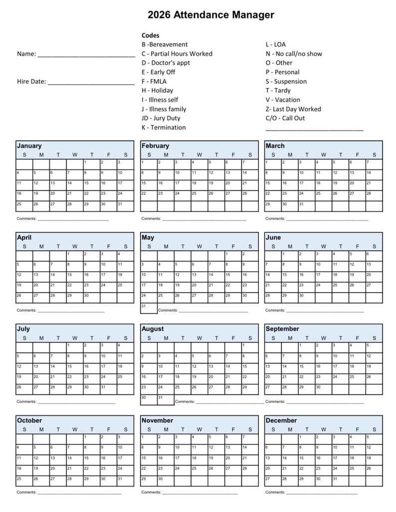 2026 Printable Employee Attendance Tracker | HR Vacation Record (PDF ...