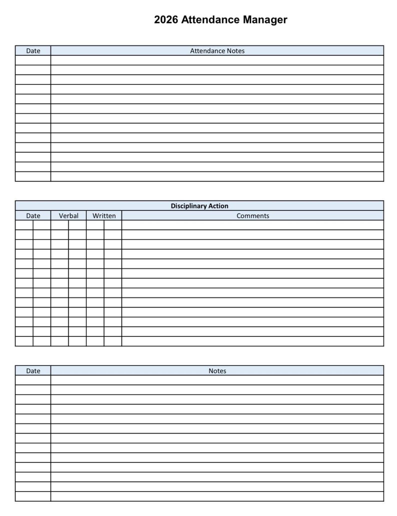 2026 Printable Employee Attendance Tracker | HR Vacation Record (PDF ...