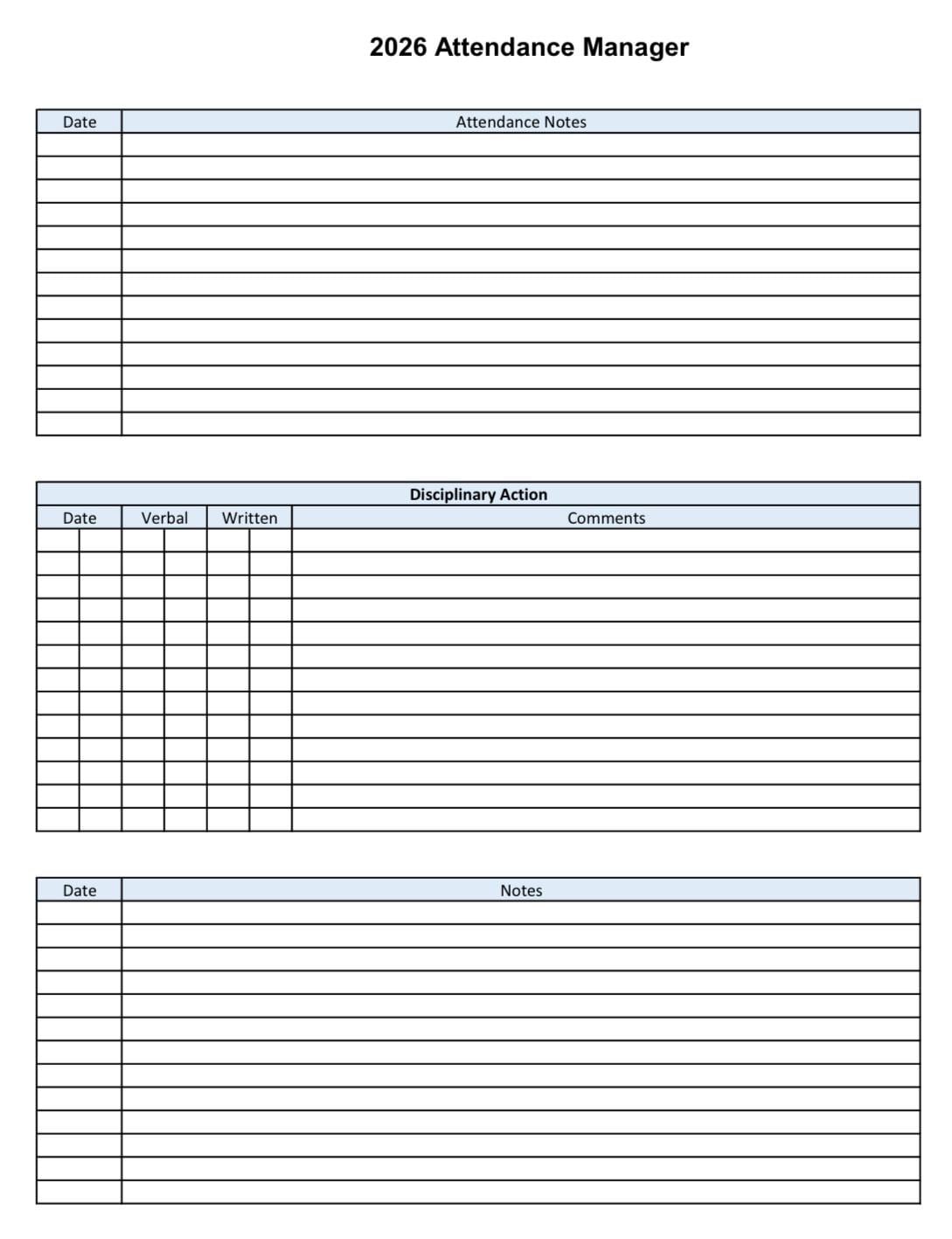 2026 Printable Employee Attendance Tracker | HR Vacation Record (PDF ...