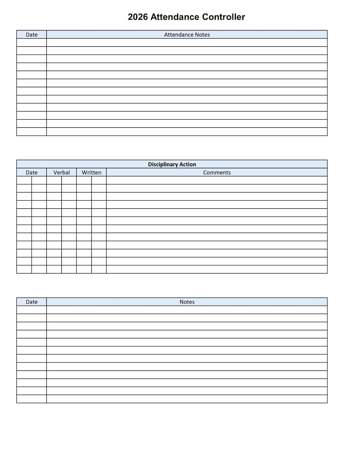 2026 Printable Employee Attendance Tracker | HR Vacation Record (PDF ...