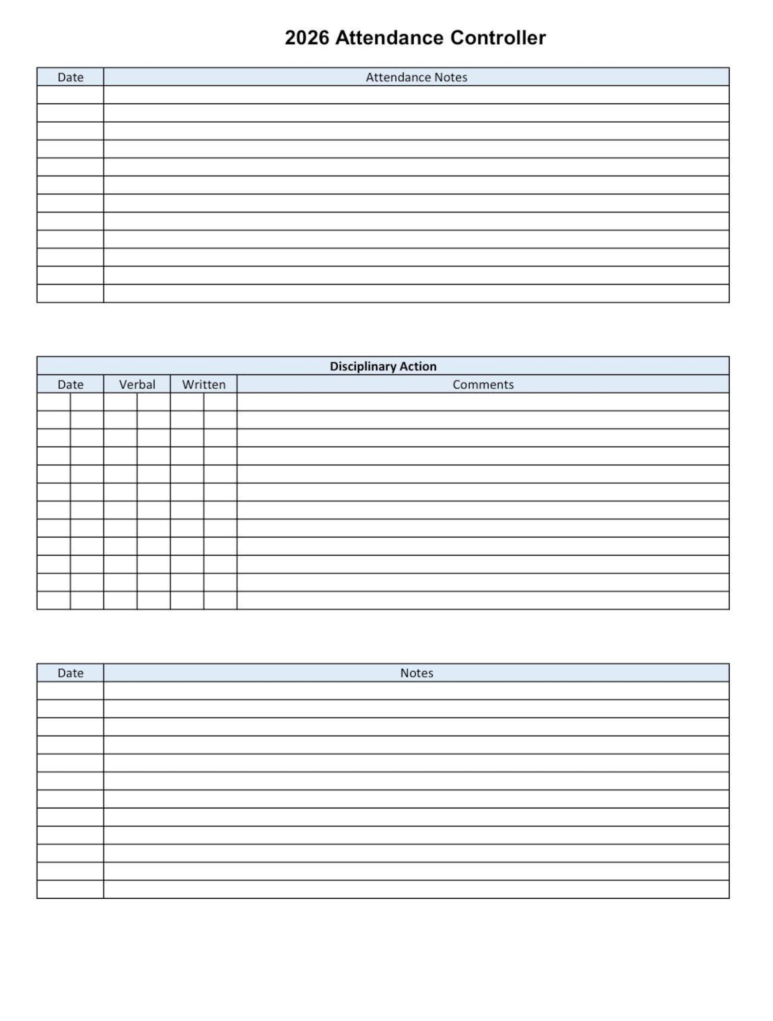 2026 Printable Employee Attendance Tracker | HR Vacation Record (PDF ...