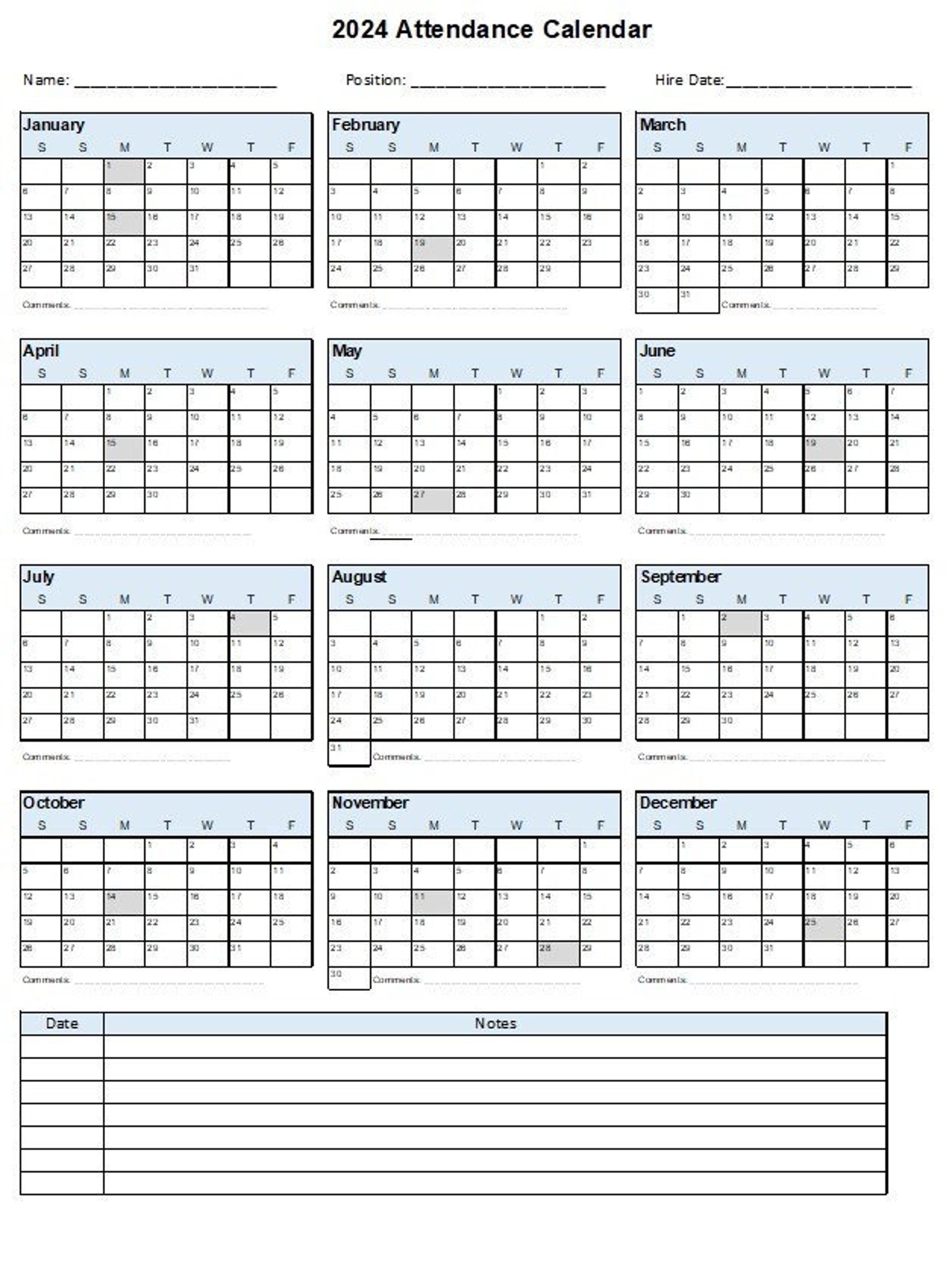2024 Attendance Calendar Federal Holiday Saturday Week Start Employee ...