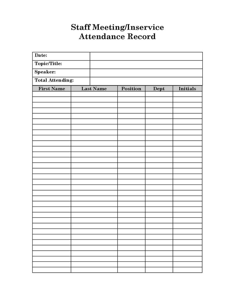 Staff Meetings In-service Attendance Record for Work, School, Classes ...