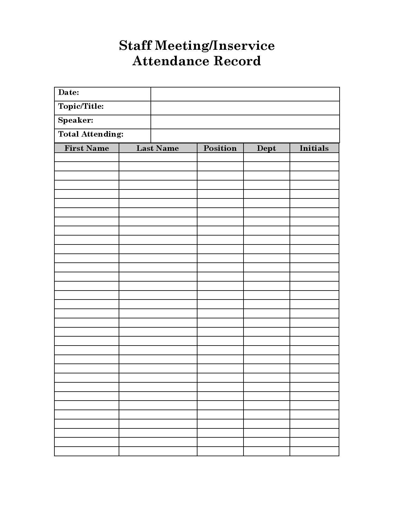 Staff Meetings In-service Attendance Record for Work, School, Classes ...
