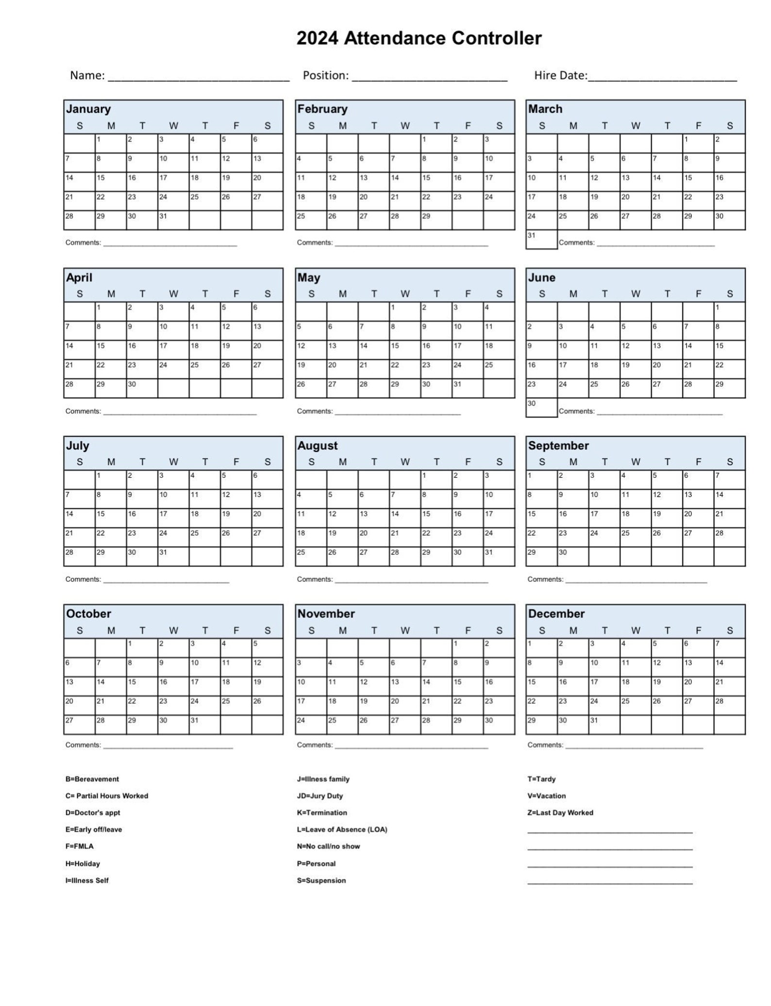 2024 Employee School Attendance Tracker Calendar, Employee Vacation ...
