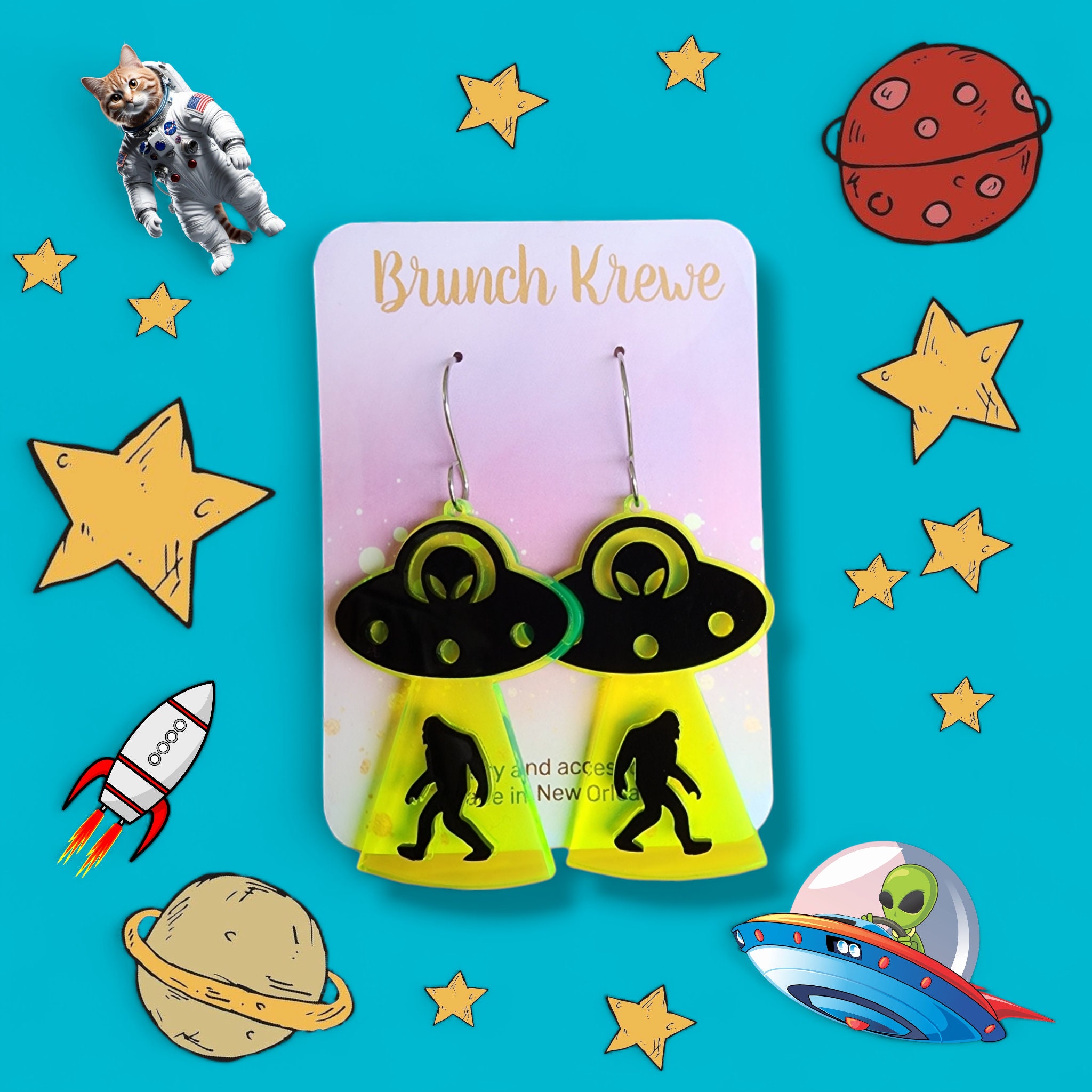 UFO Bigfoot Earrings, Space Lover, Kitschy Earrings, Fun Alien Jewelry ...