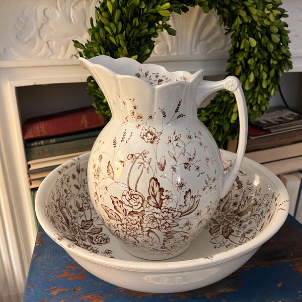Brown Transferware Pitcher - Etsy
