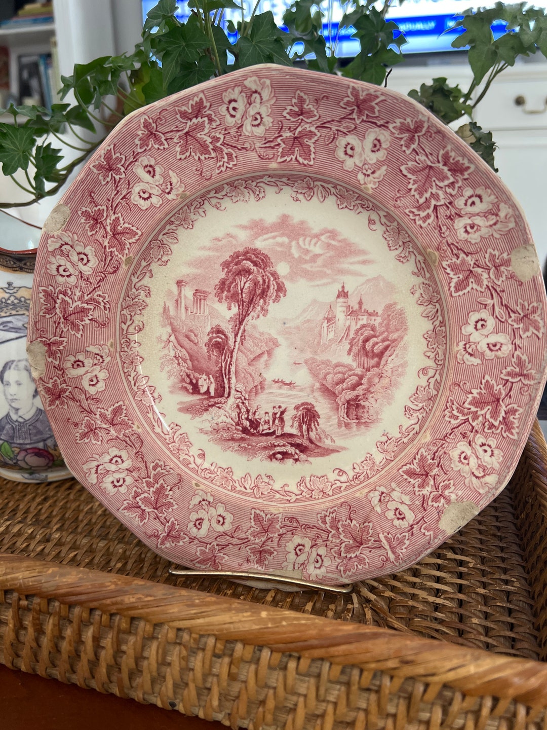 Pink and White Transferware Chinoiserie Plate. - Etsy