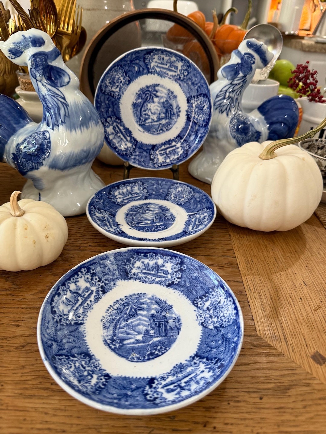 Blue and White Transferware/flow Blue Malta Chinoiserie Saucers. Set of ...