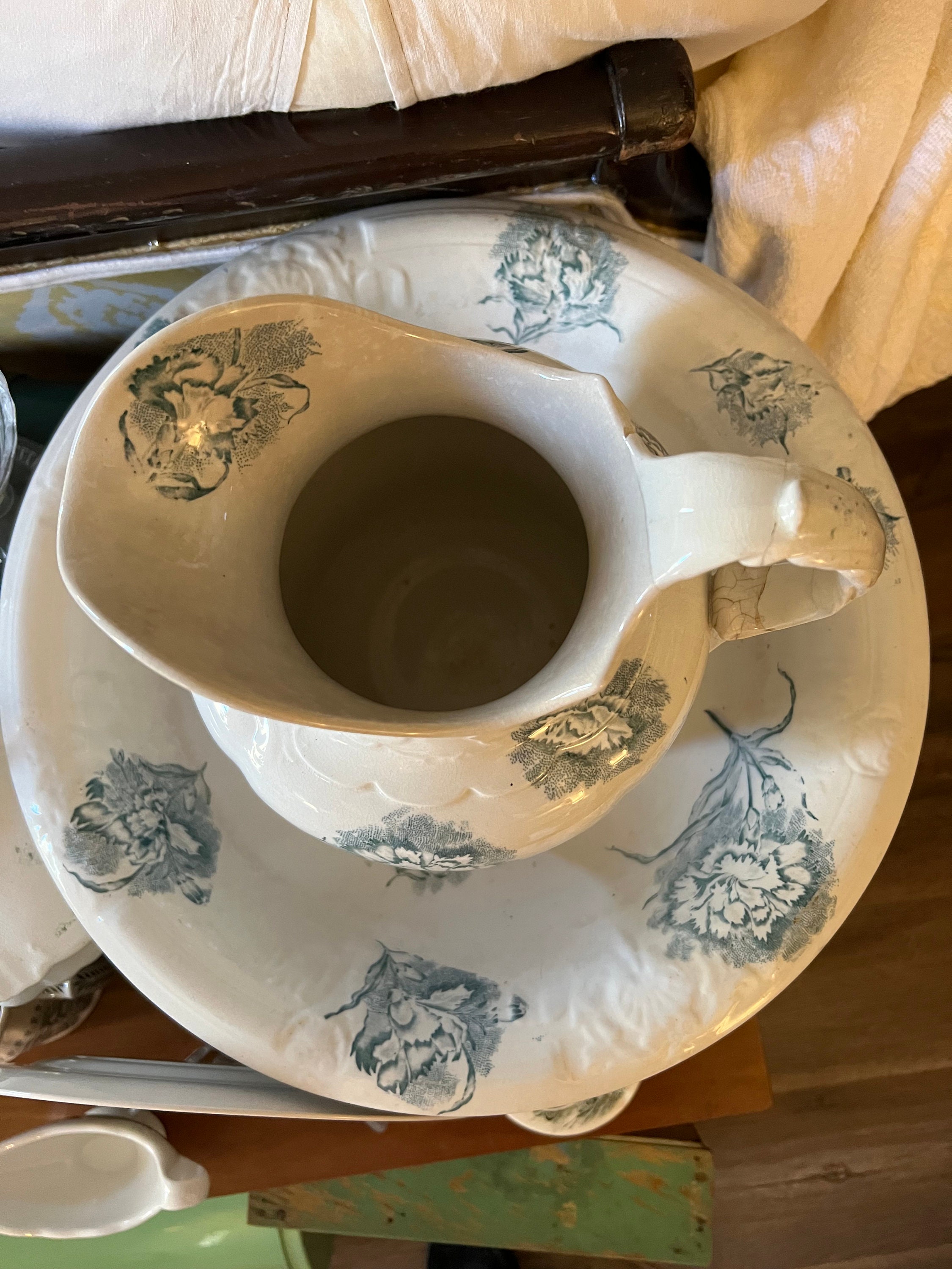 Green and White Transferware Vintage Pitcher and Wash Bowl. - Etsy