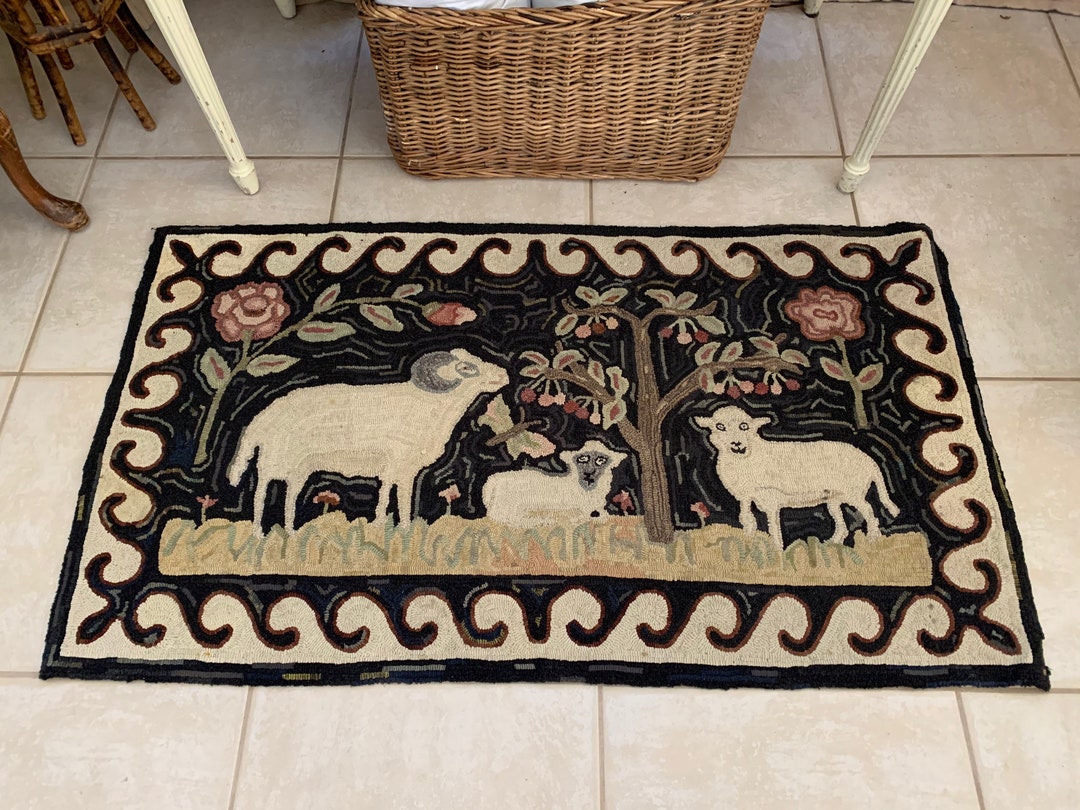Primitive Folk Art Hand Hooked Rug by Jean Tynan. Rug Design by Marion ...