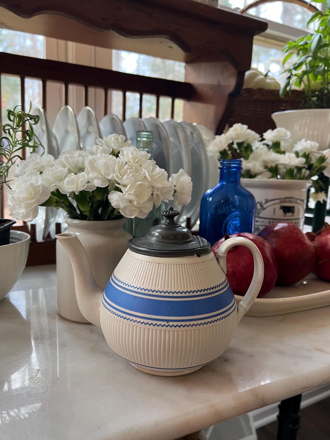 Blue and White Handmade Adonis Tea Pot With Pewter Lid. - Etsy