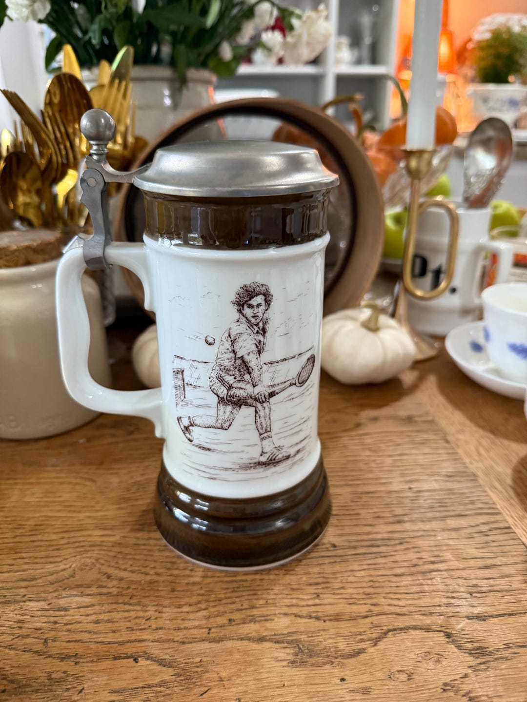 Brown and White German Porcelain Tanker With Pewter Lid With Tennis ...