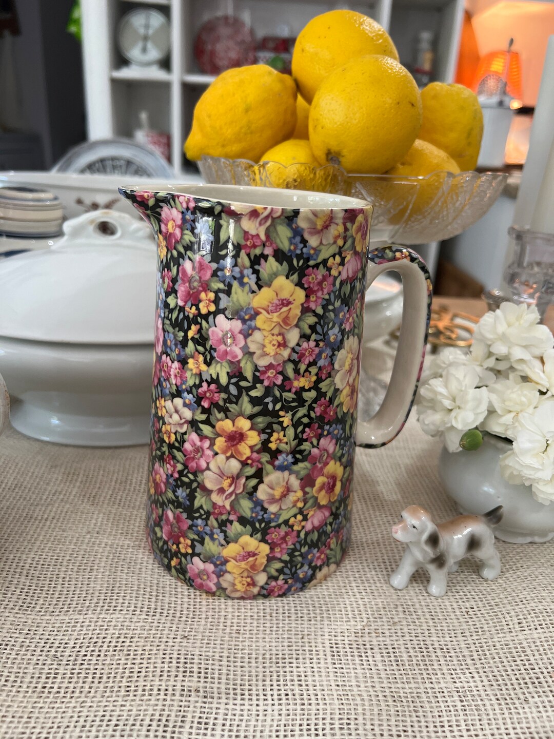 Black Vintage English Floral Chintz/calico Pitcher by Heron Cross ...
