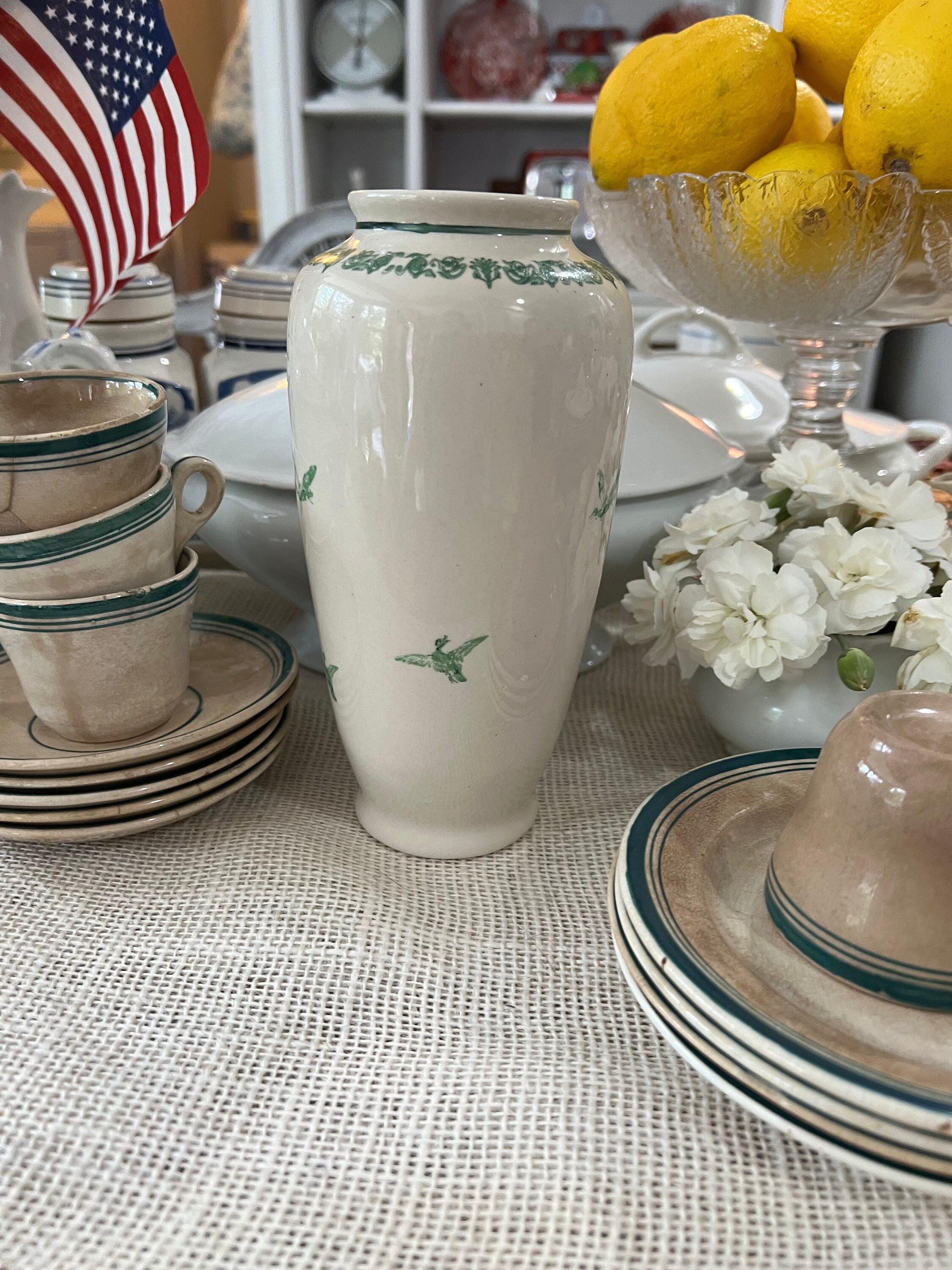 Green and Cream Vintage Transferware Ceramic Vase - Etsy