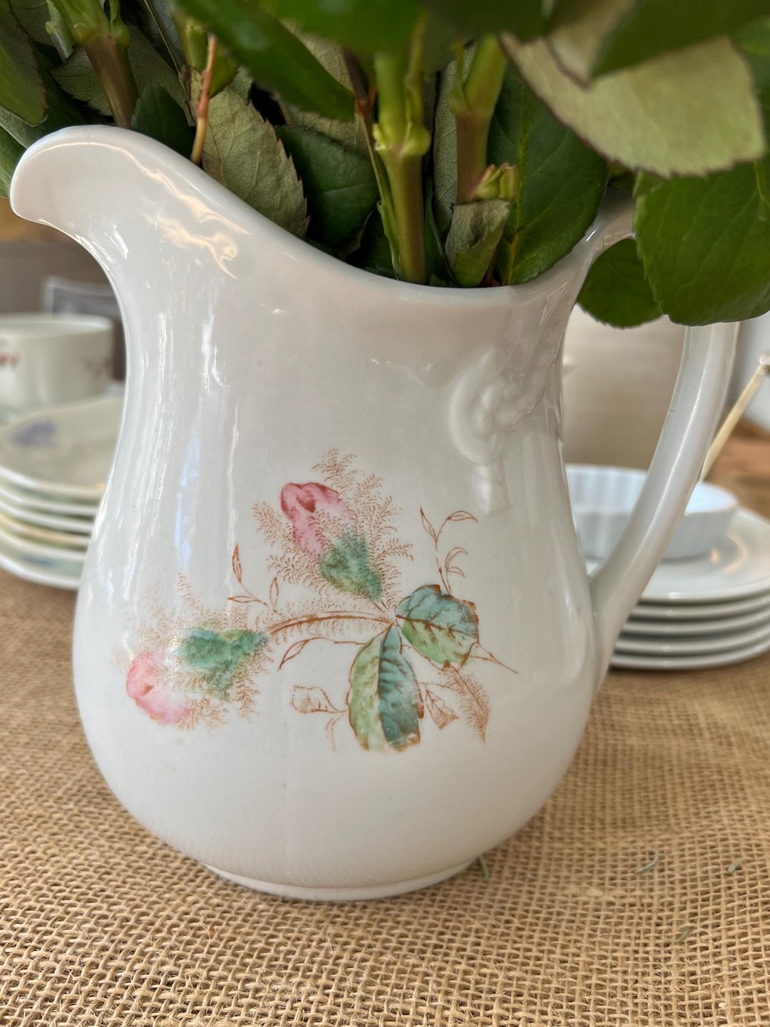 White Ironstone Pitcher With Pink Rose Transfer. - Etsy