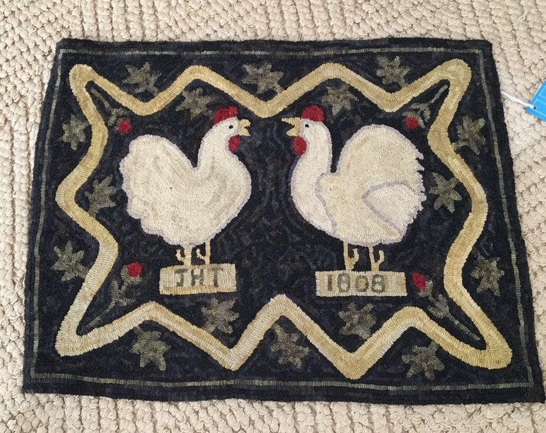 Folk Art Primitive Hand Hooked Rug by Jean Tynan. Two Hens. 32 X 24 - Etsy