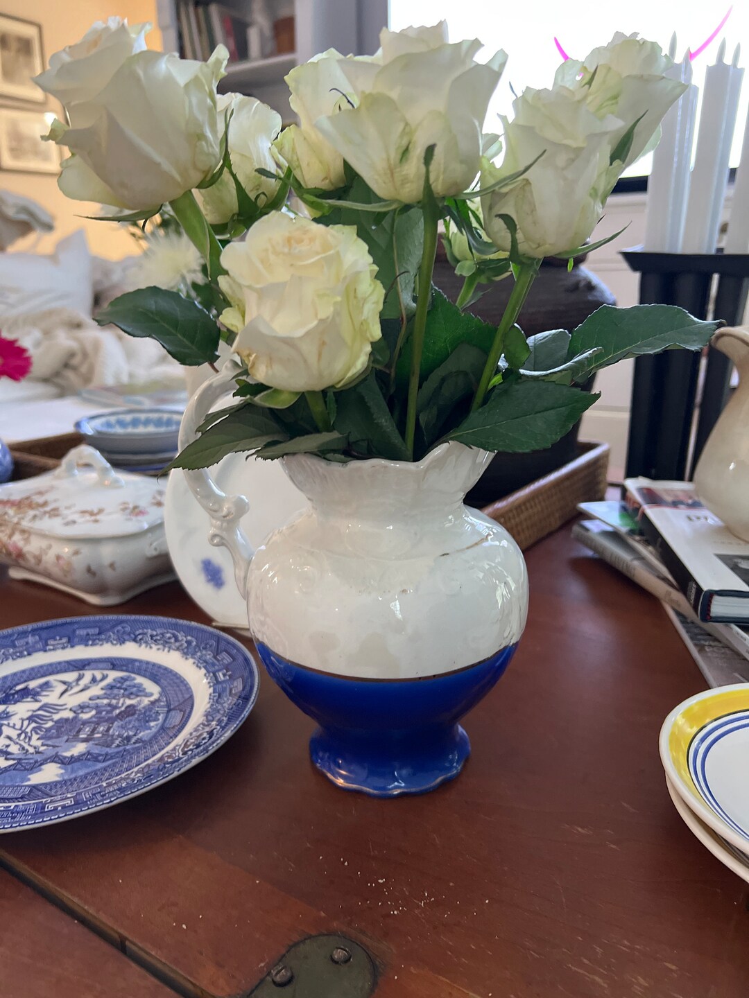 Blue and White Vintage Pitcher - Etsy
