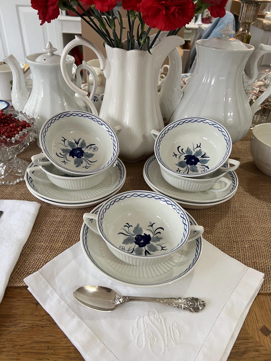 Blue and White Vintage Adams Ironstone 2 Handled Bouillon Cups and ...