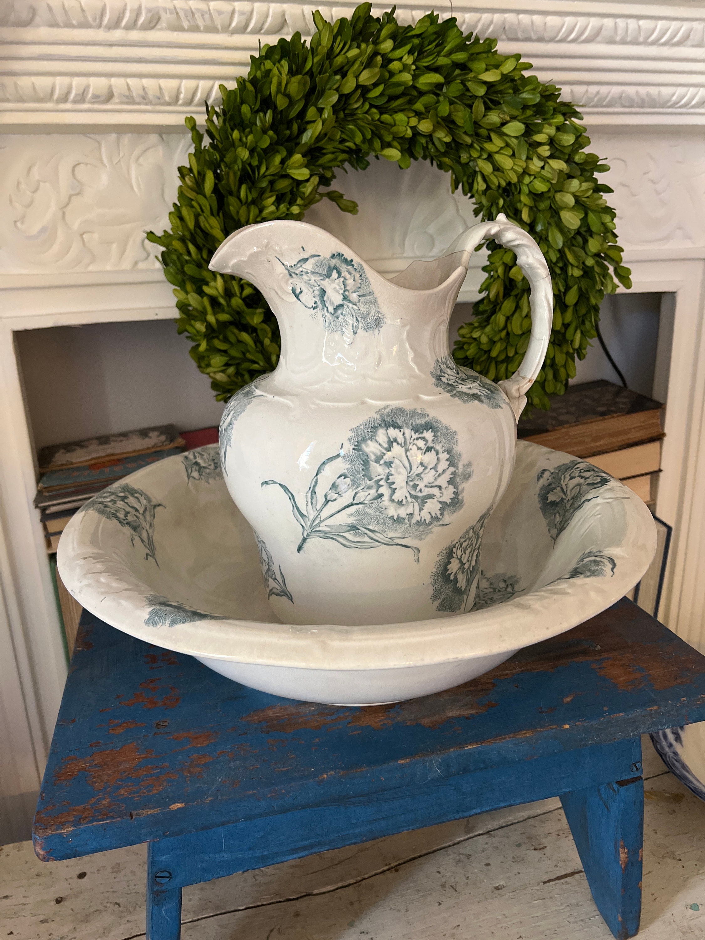 Green and White Transferware Vintage Pitcher and Wash Bowl. - Etsy