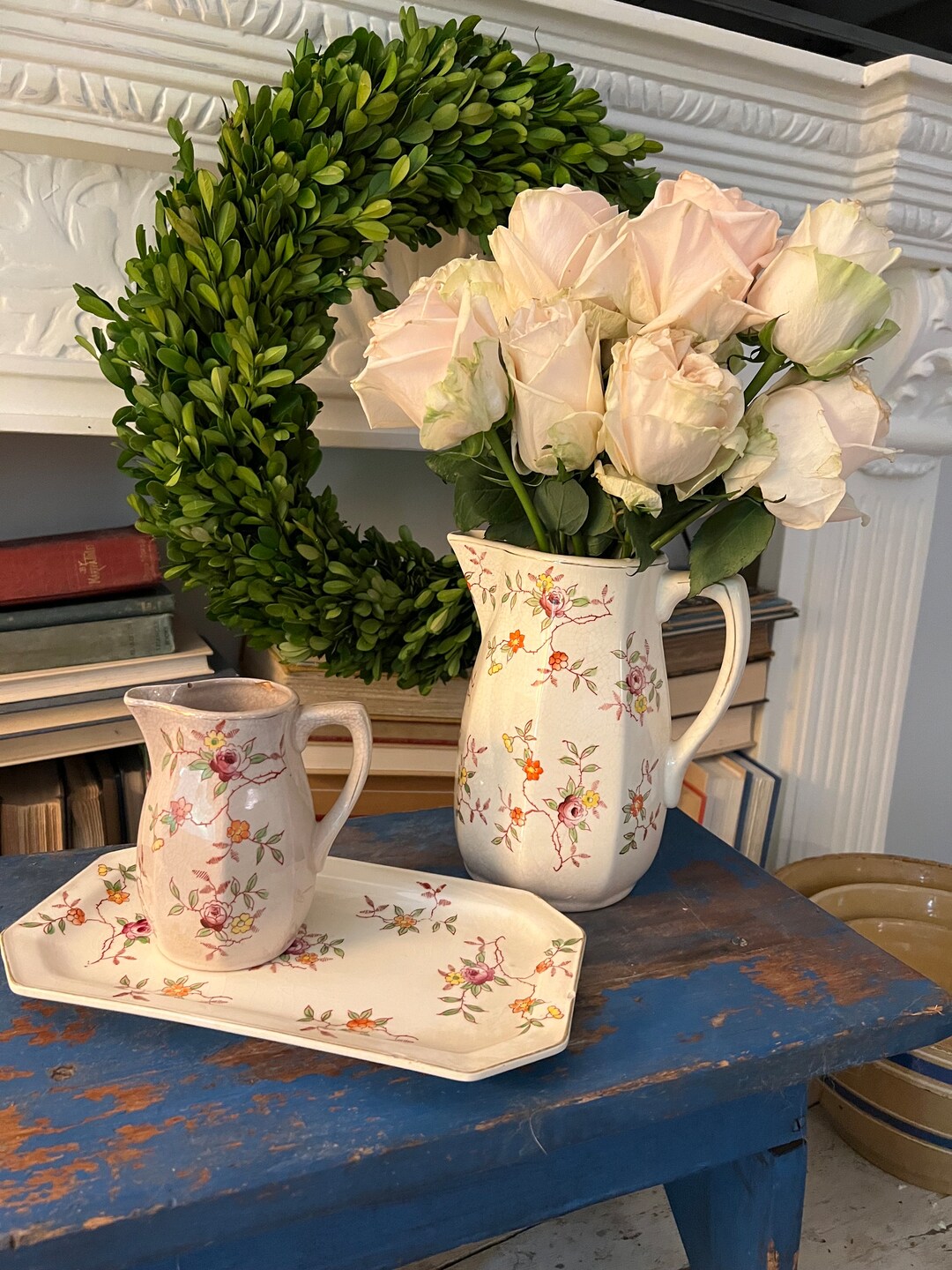 Hand Painted Ceramic Pitcher and Creamer and Rectangular Serving Plate ...