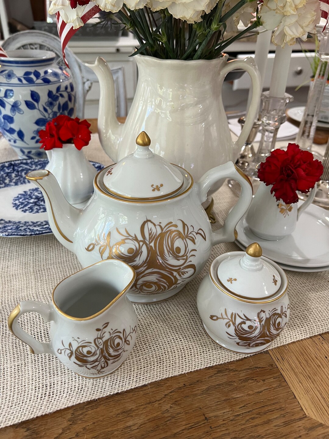 White and Gold Vintage French Tea Pot and Cream and Sugar - Etsy
