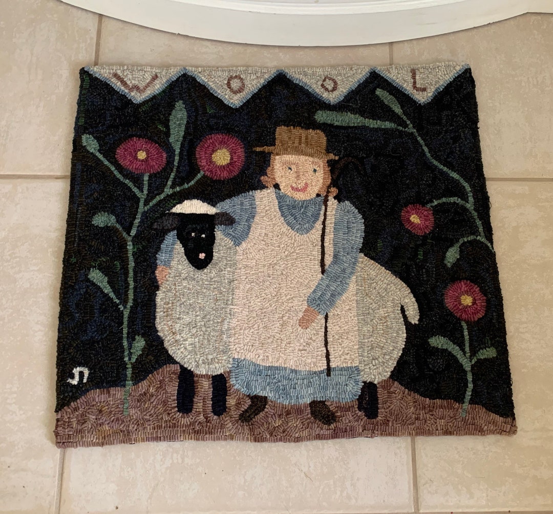 Folk Art Primitive Hand Hooked Rug. Women and Lamb. Measures 23 X 21 ...