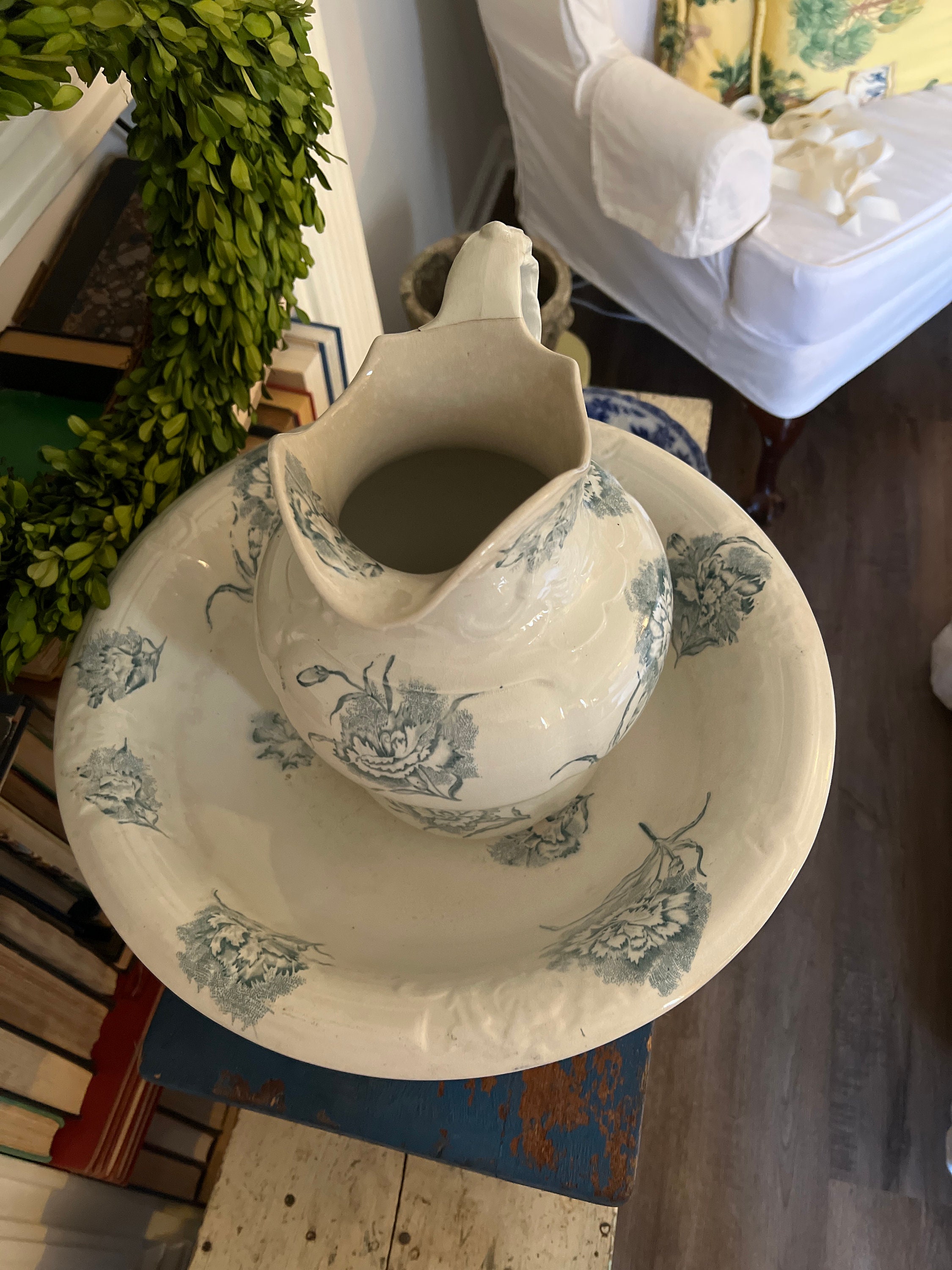 Green and White Transferware Vintage Pitcher and Wash Bowl. - Etsy