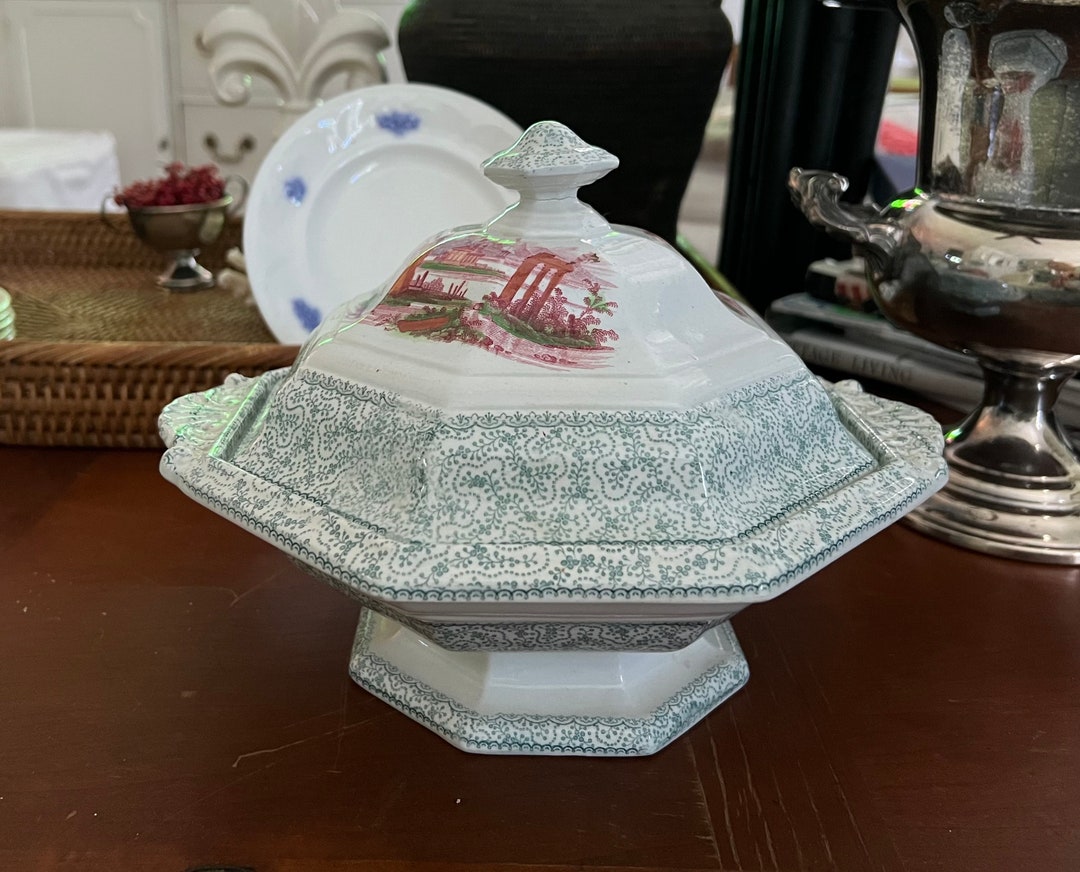 Green Antique English Transferware Polychrome Covered Dish Opaque China ...