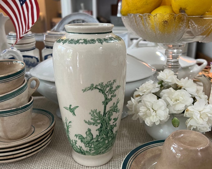 Green and Cream Vintage Transferware Ceramic Vase - Etsy