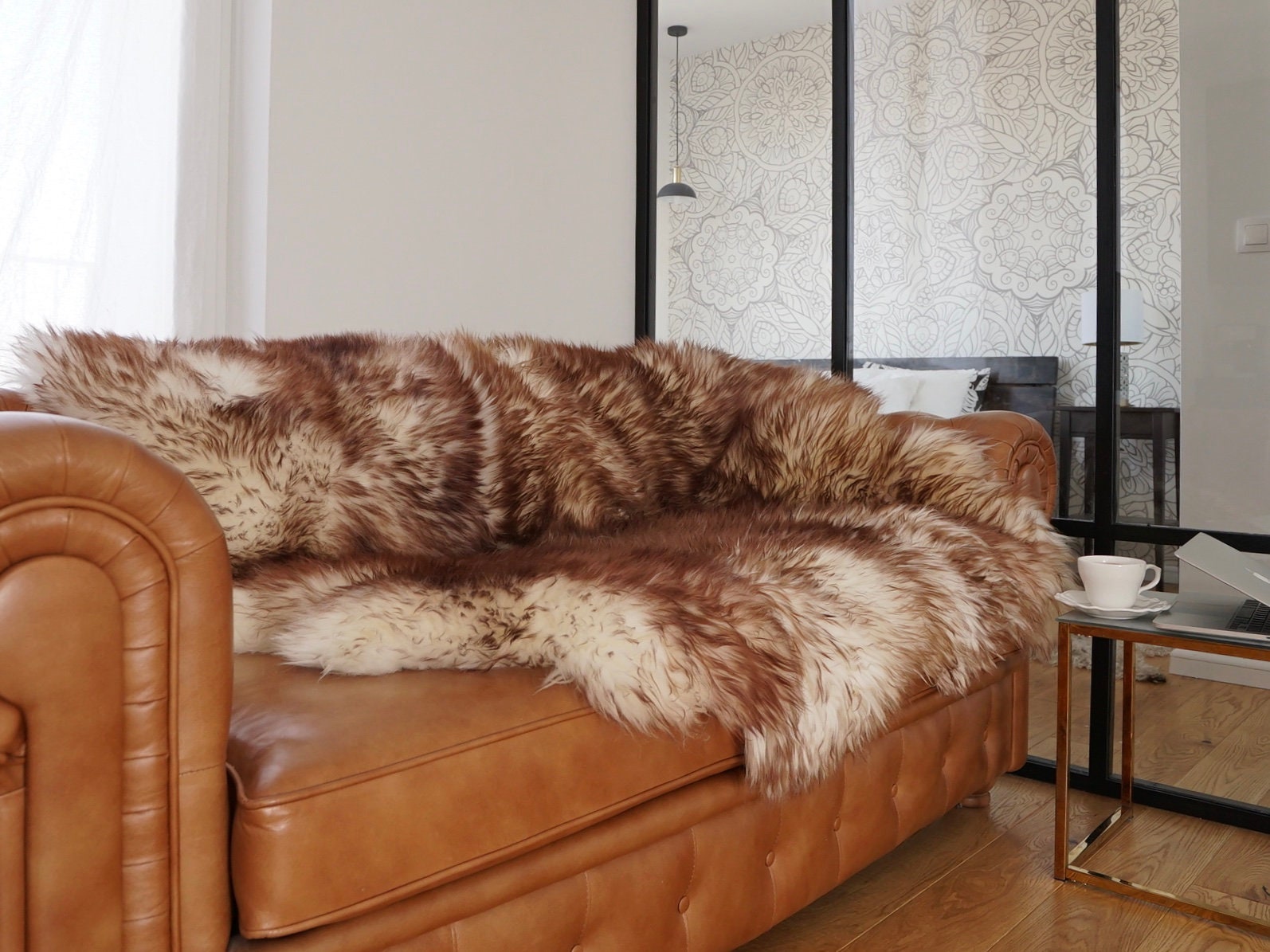 GIANT SHEEPSKIN Triple X Mouflon White Brown Throw Genuine Leather ...