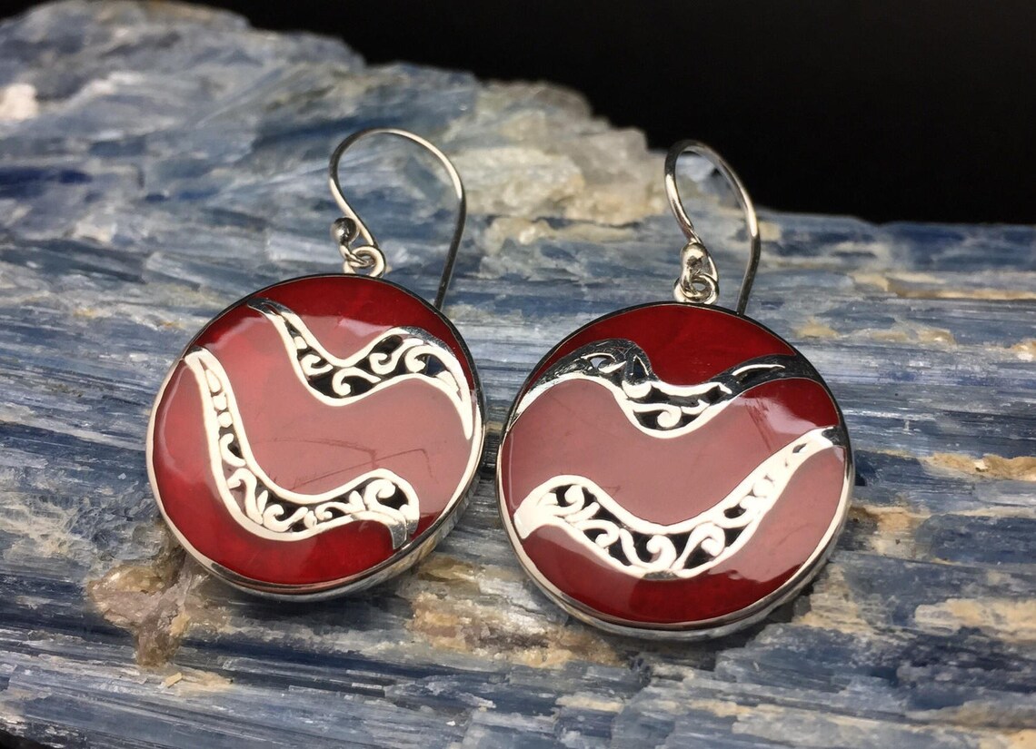 Red Shell Disk Earrings // 925 Sterling Silver // Ornate Bali | Etsy