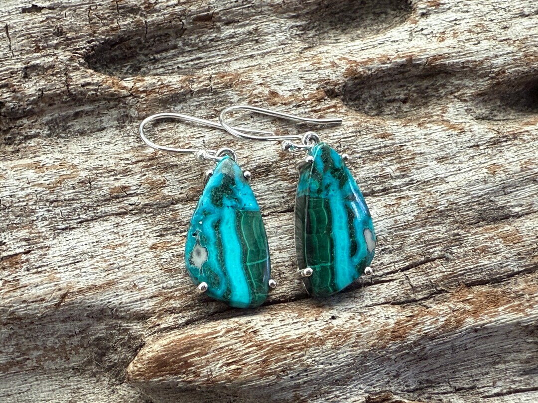 Azurite Malachite Earrings // Sterling Silver // Simple Organic Shape ...