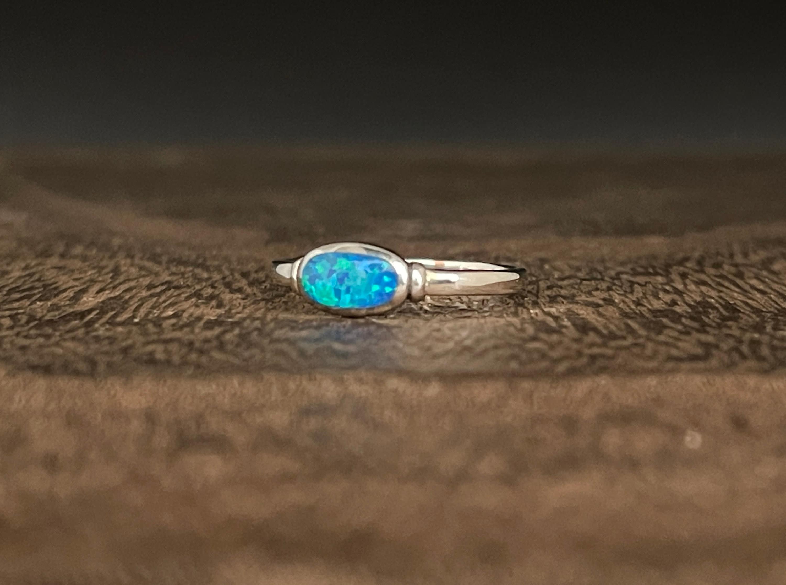 Blue Opal Silver Ring // 925 Sterling Silver // Sideways Oval Design - Etsy