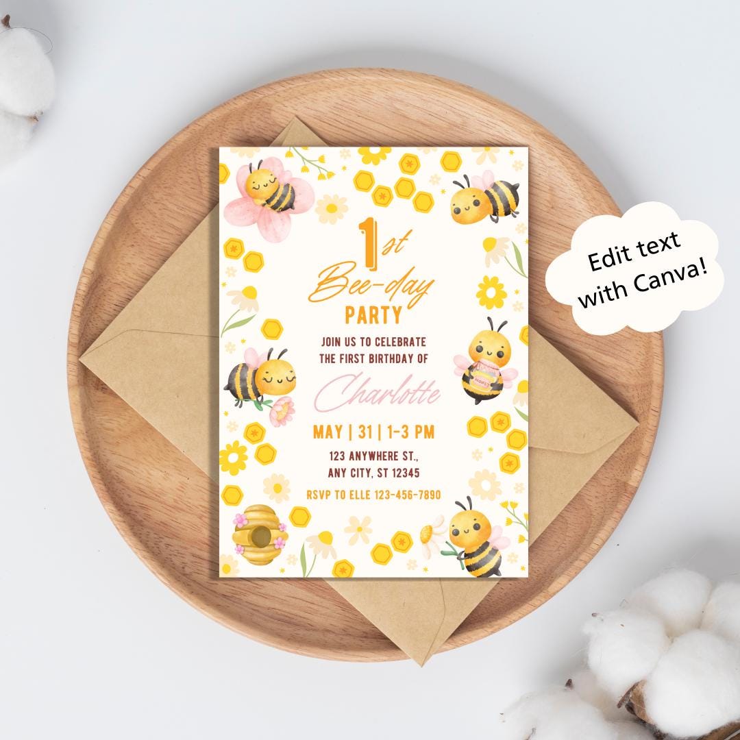 First Bee-day Invitation, Printable Editable Digital Invite, Bee-themed ...