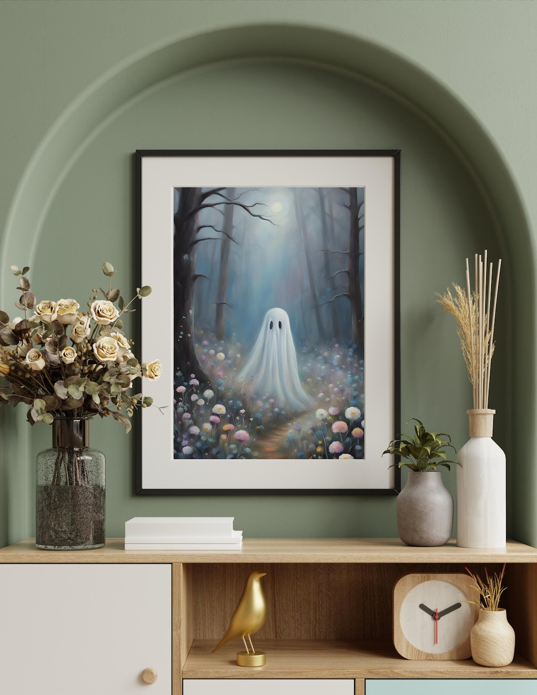Vintage Halloween Print, Haunted Forest, Spooky Cute Ghost Painting ...