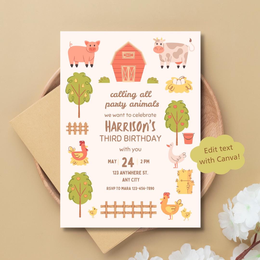 Farm Animal Birthday Invite, Party Animals Birthday Invitation, Barn ...