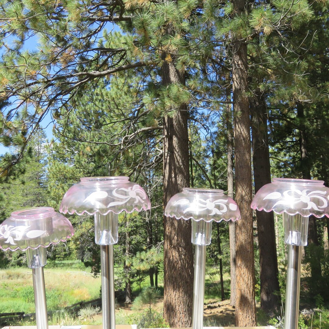 Set of 4 Pink Flower Glass Solar Lights - Set of 4 Matching Floral Up ...