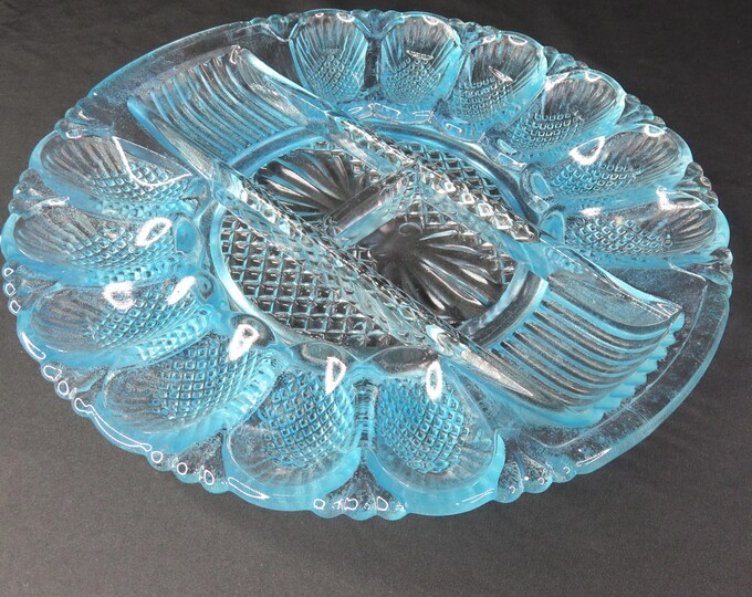 Turquoise Glass Egg Plate With Center Relish Tray Egg Upcycled Hand ...