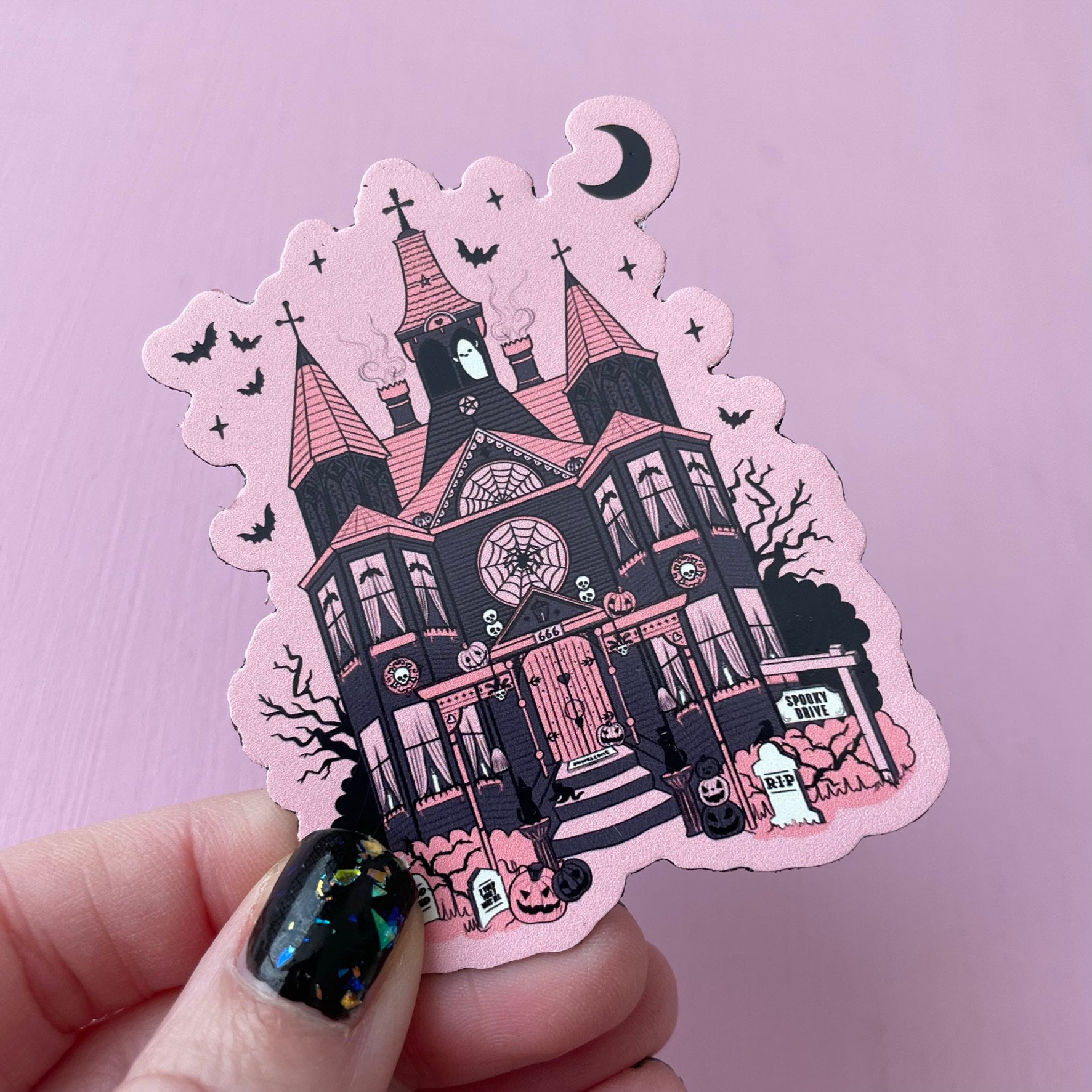 Pink Haunted House Fridge Magnet, Spooky Gothic Kitchen Decor and ...