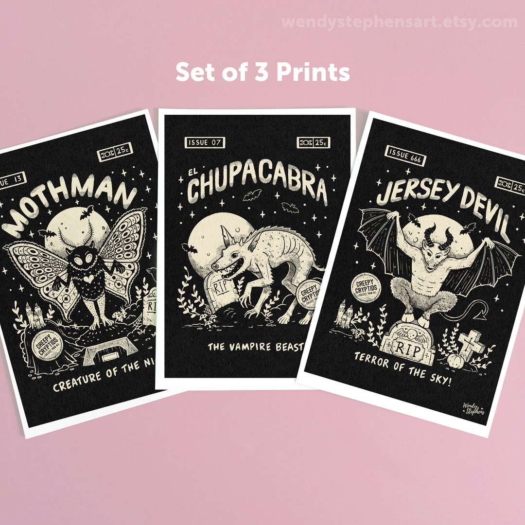 Set of 3 Cryptid Art Prints, Mothman, Chupacabra, Jersey Devil Cryptid Poster, Horror Prints ...