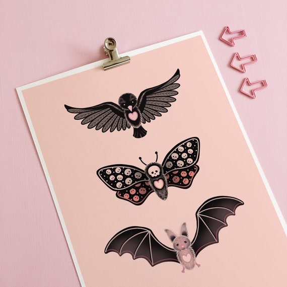 Gothic Home Decor Crow Moth Bat Art Print Aesthetic Room | Etsy