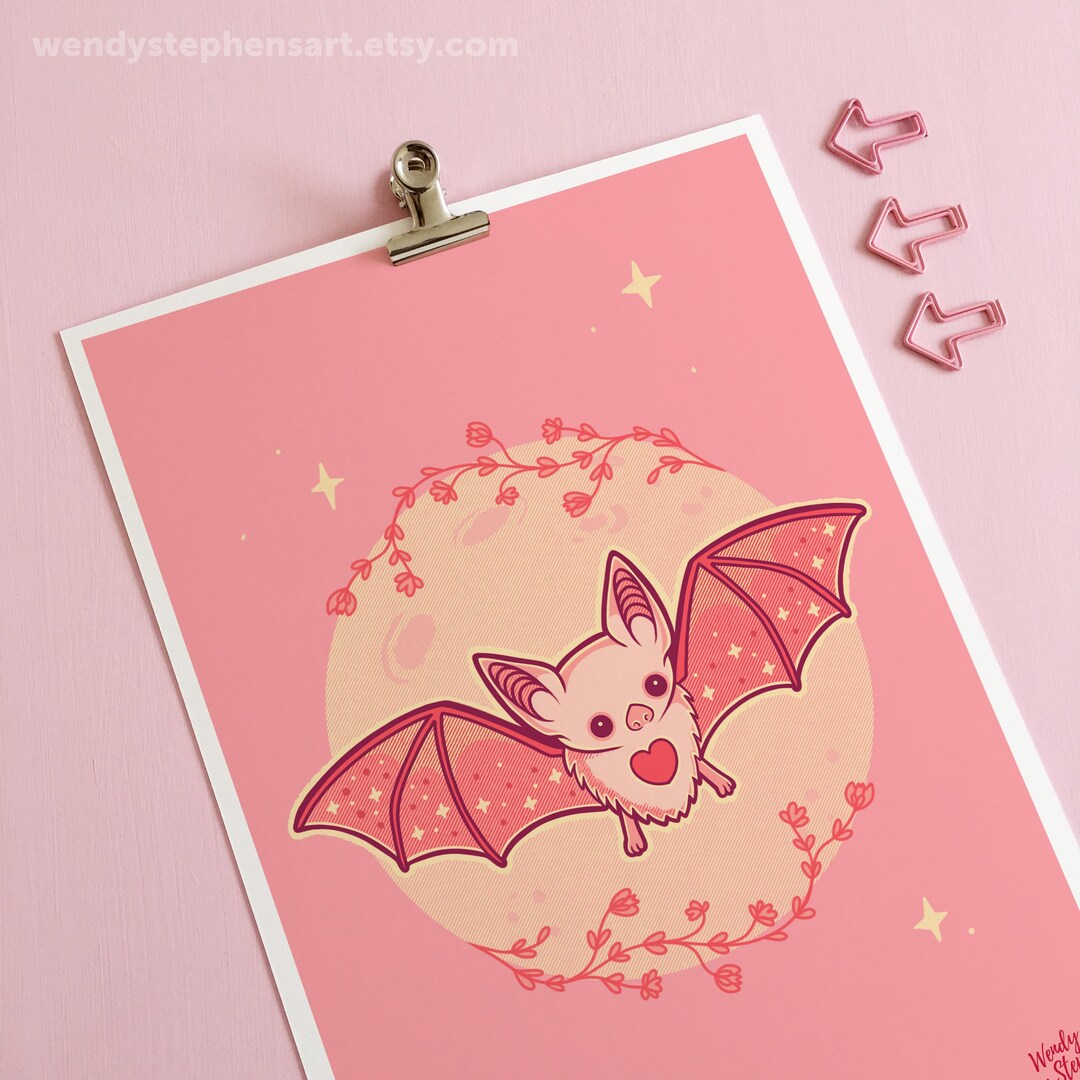 Cute Pink Bat & Moon Art Print, Spooky Art, Pastel Goth Room Decor ...