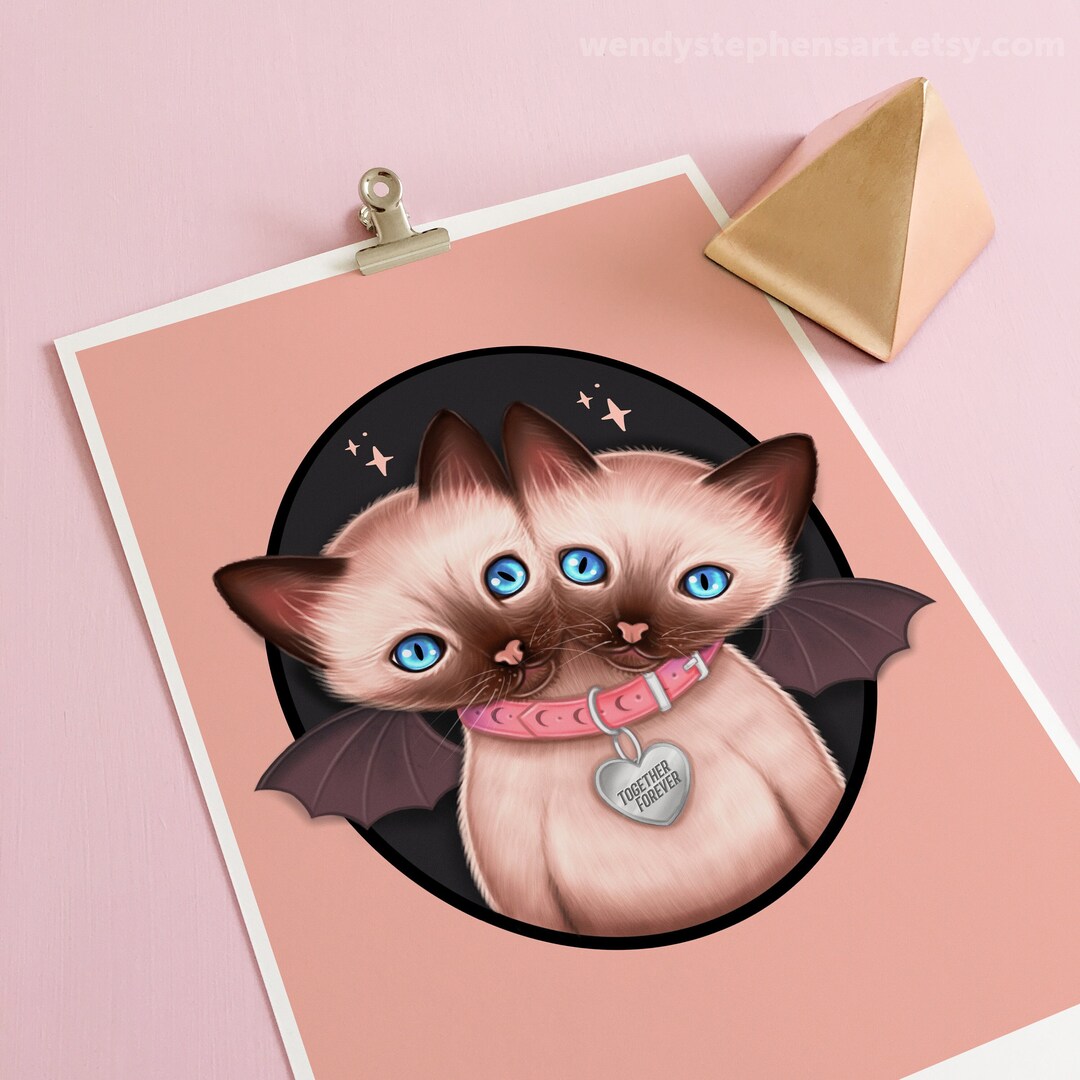 Creepy Cute, Two Headed Siamese Cat Art Print, Spooky Decor - Etsy